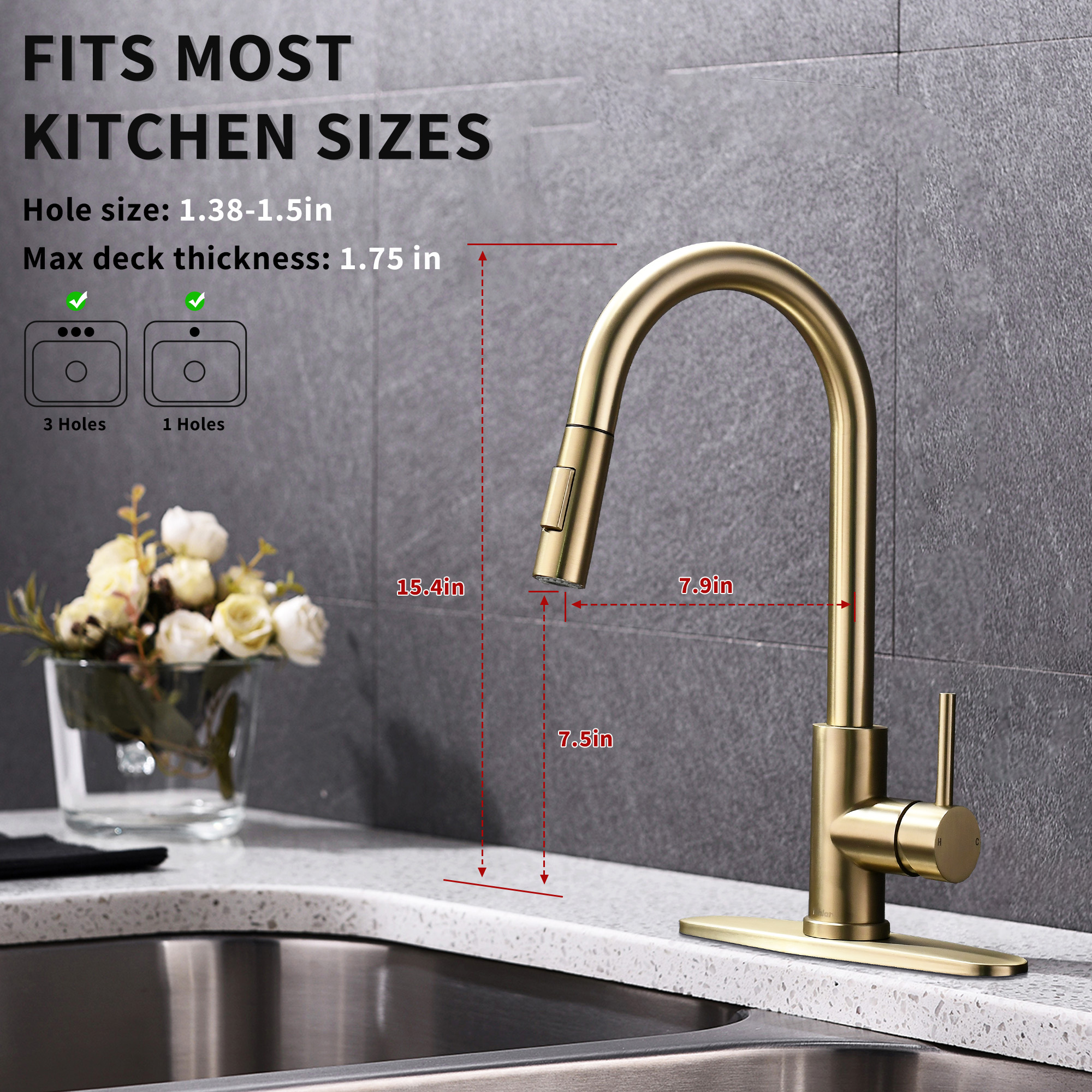 Gold Modern Stainless Steel Sink Faucet with Base Plate, Fits 1 Hole Or ...
