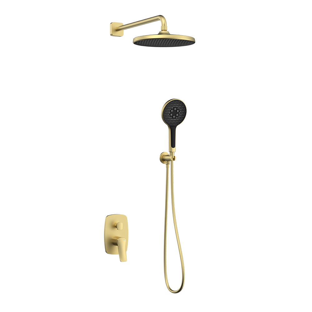 Brushed gold shower system with rain shower head and hand shower ...