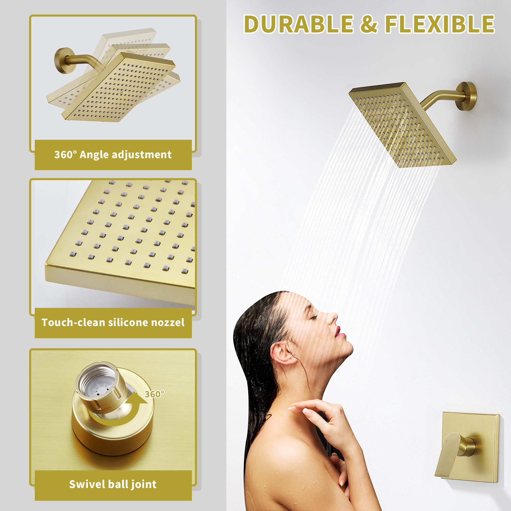 Gold Shower Faucet Set - 8" Brushed Gold Shower Head and Handle Set ...